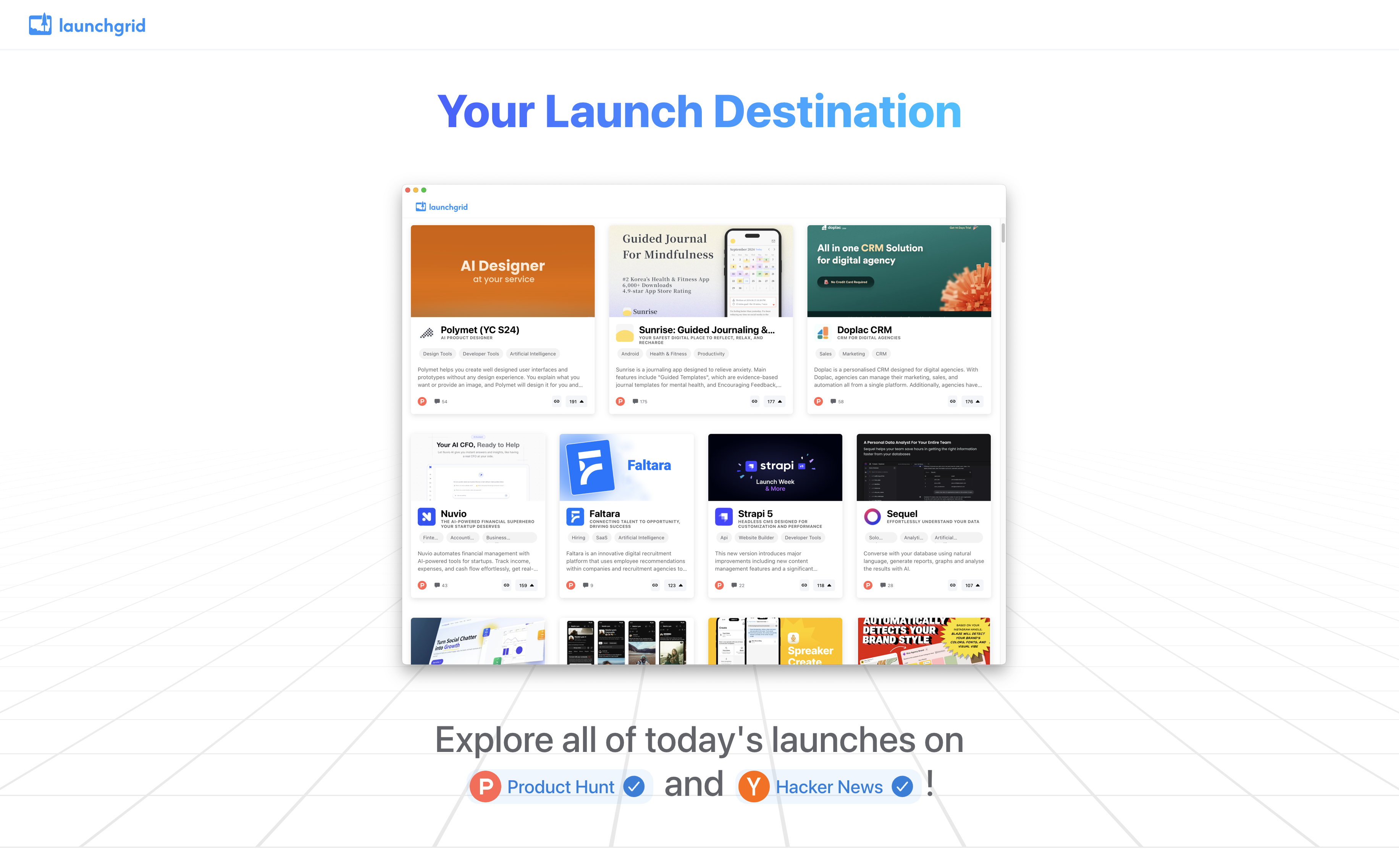 Launchgrid - Explore today's launches from both product hunt and hacker news!